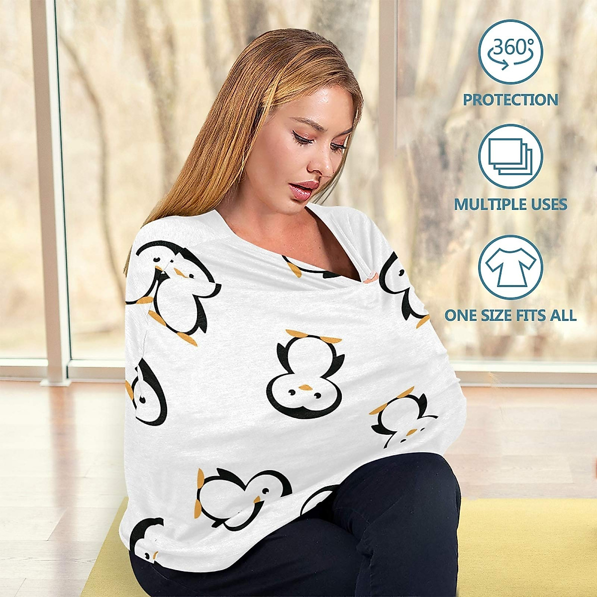 Blueangle Car Seat Cover for Babies, Cartoon Penguins Nursing Cover Breastfeeding Cover, Stretchy Infant Carseat Canopy, Super Soft Breathable