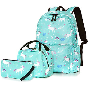 Dream Unicorn School Bag Kids 3-in-1 Bookbag Set, Junlion Laptop Backpack Lunch Bag Pencil Case Gift for Teen Girls Womens Green