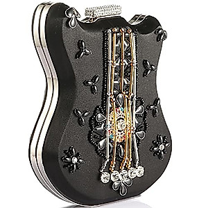 CuteCue Violin/Guitar Shaped Evening Bag Black Beaded Tassel Party Handbag Wedding Clutch Purse