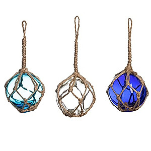 Japanese Glass Fishing Floats Ball - 2" Aqua Cobalt and White (3 Pack) - Glass Buoys With Rope - Japanese Glass Floats - Fishing Float Glass Float Balls - Glass Ball Float Decor - Nautical Glass Balls