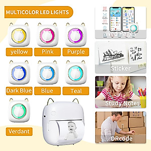 TXFTRR Mini Pocket Printer - Portable Thermal Printer with Light & 5 Colorful Pens, 5 Rolls Thermal Paper and 5 Rolls Adhesive Sticker Paper, Inkless Sticker Printer for Photo Journal Notes