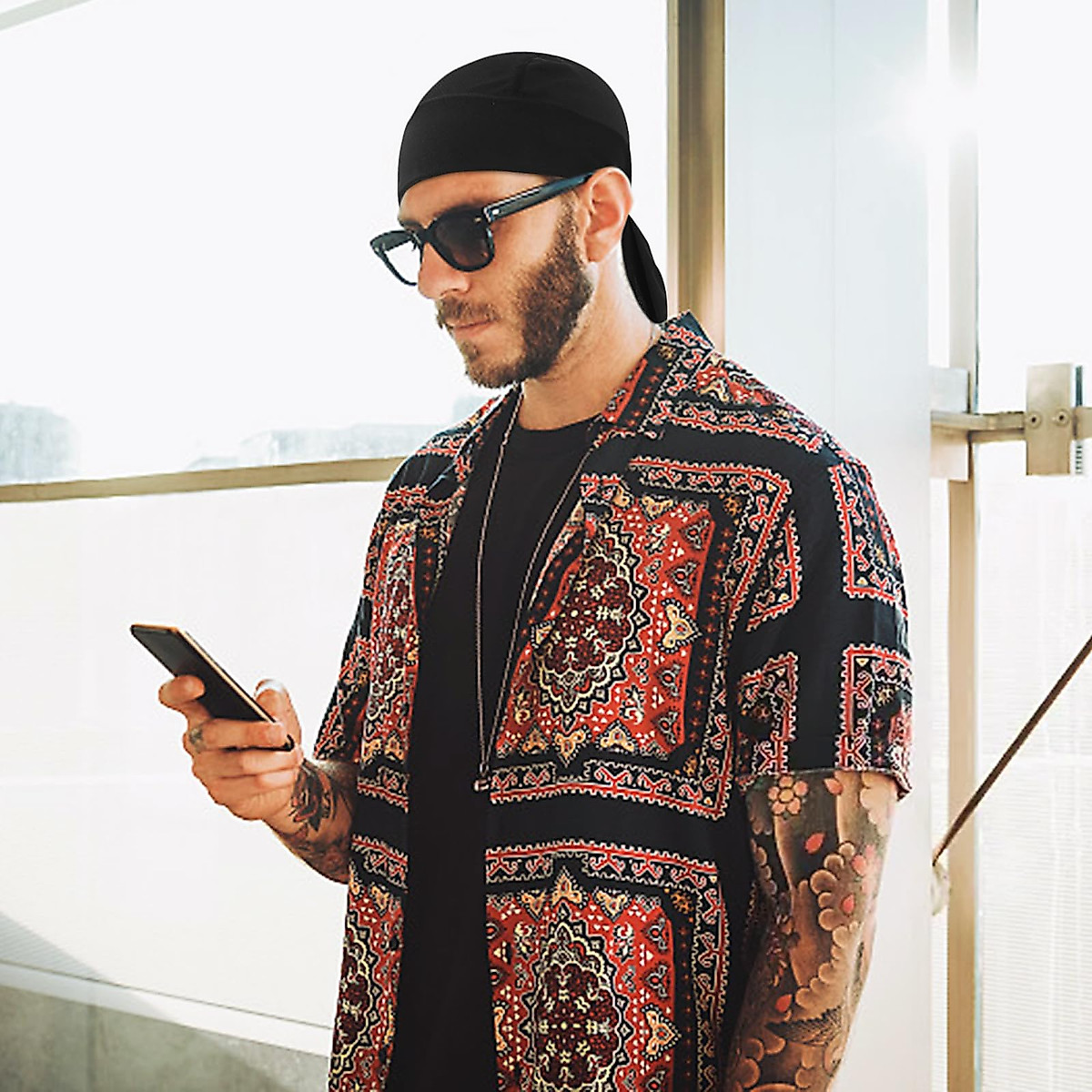 DOCILA Do Rags for Men Sweat Wicking Biker Motorcycle Helmet Liner Skull Cap Quick Drying Helmet Liner Doo Dew Rag Head Bandana Durags Pirate Accessories Head Wrap Black White Red