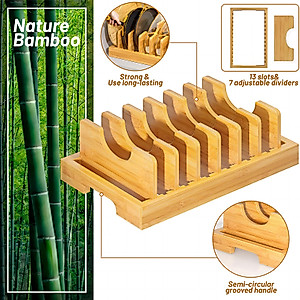 Kiasthome Bamboo Pot and Pan Organizer, Pot Lid Organizer Holder Rack for Countertop Drawer, Kitchen Cabinet Organizer with 7 Adjustable Dividers for Pots, Pans, Baking Sheets, Cutting Boards, Nature