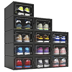 12 Pack Shoe Organizer Boxes, Black Plastic Stackable Shoe Storage Bins For Closet, Space Saving Shoe Holder Sneaker Display Case