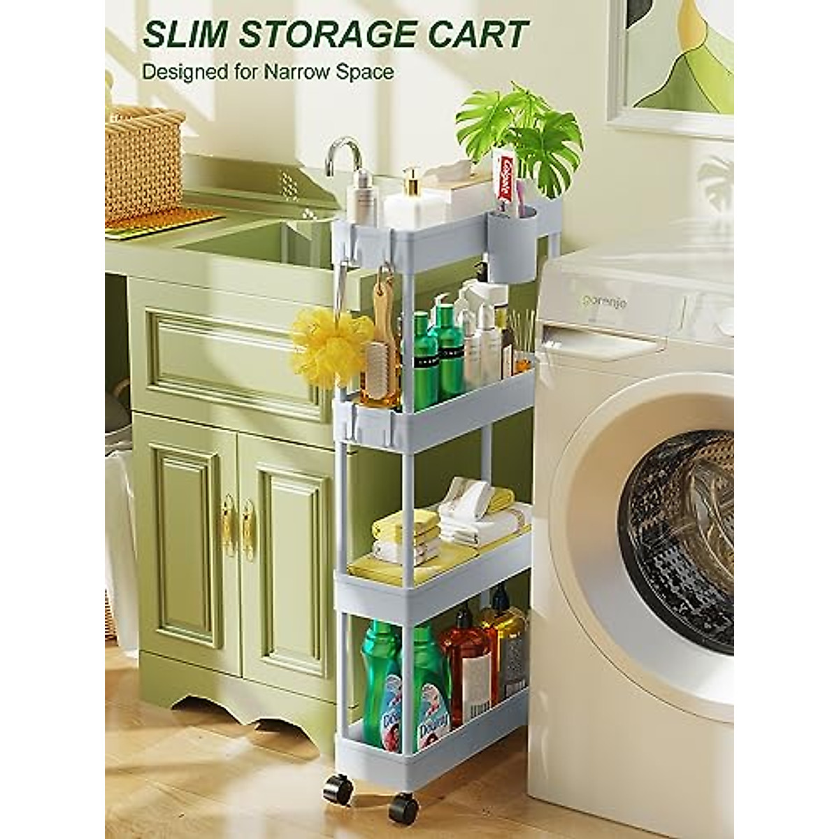 LEHOM 5.1" Slim Storage Cart - 4 Tiers Bathroom Organizer Mobile Shelving Unit Storage Rolling Utility Cart Slide Out Organizer for Kitchen Bathroom Laundry Narrow Places, Grey