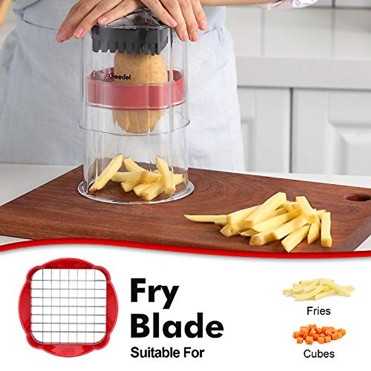 French Fry Cutter, Professional Home Style Potato Cutter Fry Cutter Onion Chopper Apple Slicer Corer Great for Potatoes Carrots Cucumbers 2 Blades