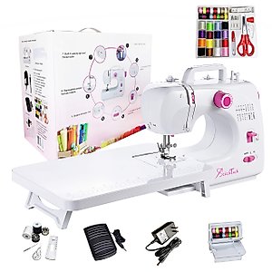 StitchTech Portable Multi-function Home Sewing Machine 16 Built-in Stitches Dual Spread Control Reverse Sewing with LED Light Comes with an Extension Table and 42 PCs Sewing Kit