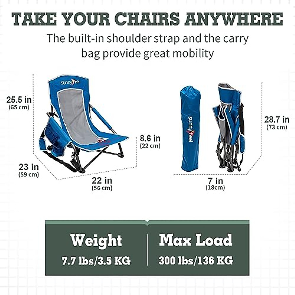 SUNNYFEEL Low Folding Beach Chair for Adults, Portable Lightweight Sling Beach Camping Chairs with Cup Holder, Armrest,Foldable Camp Lawn Chair for Outdoor Sand Concert Travel Sport Events,300LBS