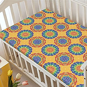 Rainbow Mandala Themed Fitted Mini Crib Sheets,Portable Mini Crib Sheets Ultra Soft Material-Baby Crib Sheets for Girl or Boy,24“ x38“,Multicolor