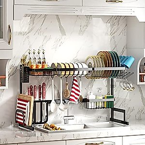 PUSDON Over Sink Dish Drying Rack (26"-37"), Adjustable Large Dish Drainer for Storage Kitchen Counter Organization, 2 Tier Stainless Steel Over Sink Dish Rack Display (Black, Sink Size≤37inch)