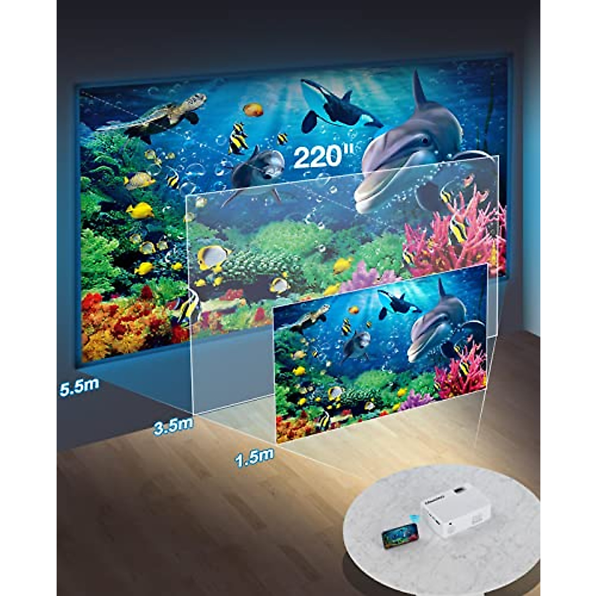 WiFi Projector with Bluetooth 5.1, COMAOGO Mini Projector 9500 Lumens 1080P 220” 5G Mirroring Movie Portable HD Projectors for TV, PC, HDMI, USB, VGA, iOS/Android