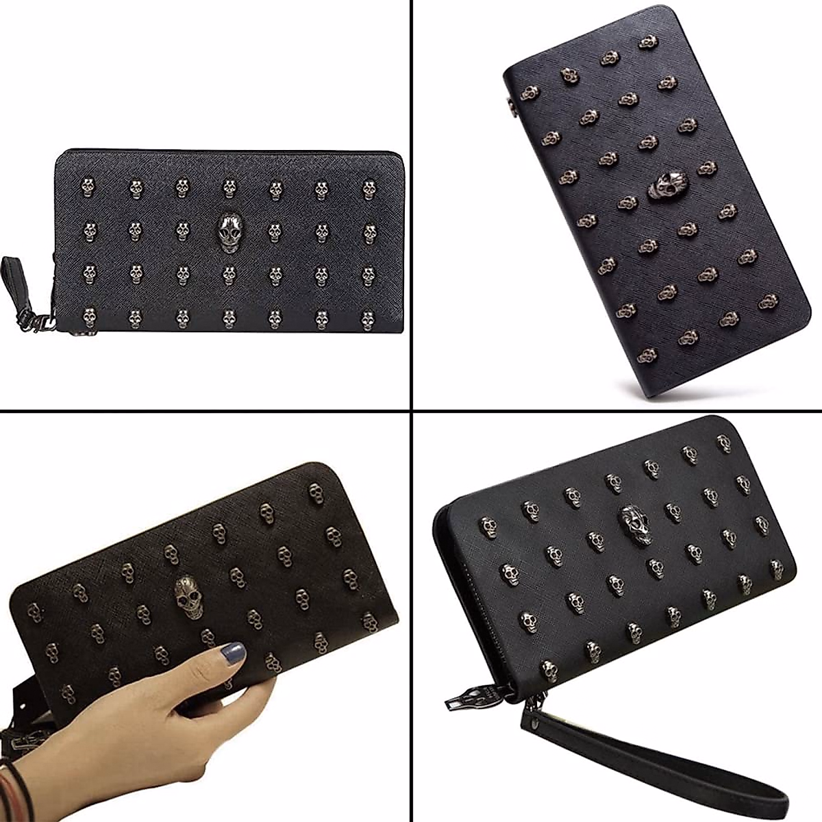 DownUpdown Skull Wallets for Women Wristlet Purses Clutch Black Zipper Purse Faux Leather Punk Gothic Cool Long Wallet Men