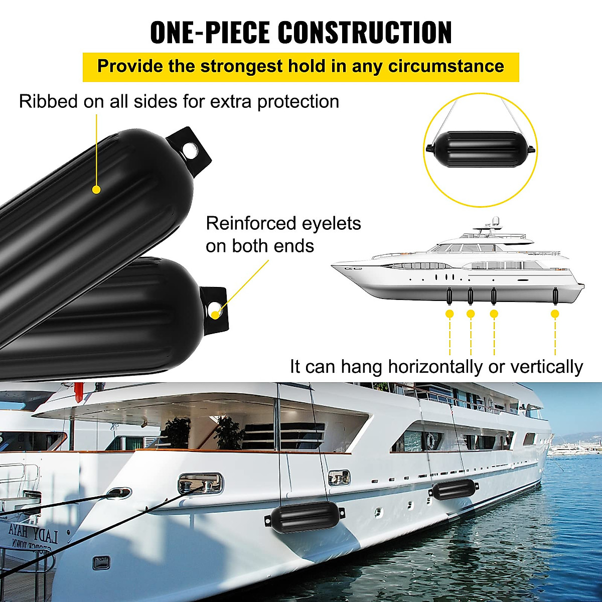 VEVOR Mophorn Ribbed Twin Eyes Boat Fender Black Boat Fender Bumper Pack of 4 and Pump to Inflate (Black, 8 x 27 inches)
