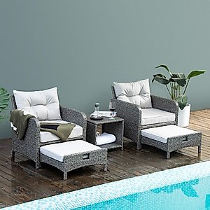 Pamapic 5 Pieces Outdoor Patio Wicker Chairs Set with Ottoman .Outside Conversation Furniture set with Cushions and Coffee for Balcony Porch Lawn Garden Table(Grey Cushion+Light Grey Rattan)