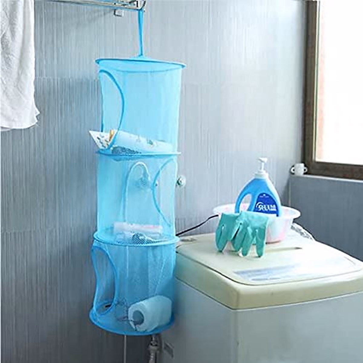 JIELUO 2pcs Hanging Mesh Storage Organizer Bag Foldable Space Saving Organizer with 2pcs S Hooks for Room Bathroom Wall Balcony Wardrobe(Grey，Blue)