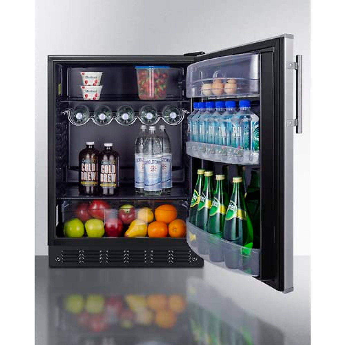 Summit FF6BK2SS 24” Wide Under Counter Refrigerator 5.5 cu.ft. Made in Europe with Automatic Defrost Operation, Reversible Stainless-Steel Door, and Deluxe black interior (Right-Hand Door)