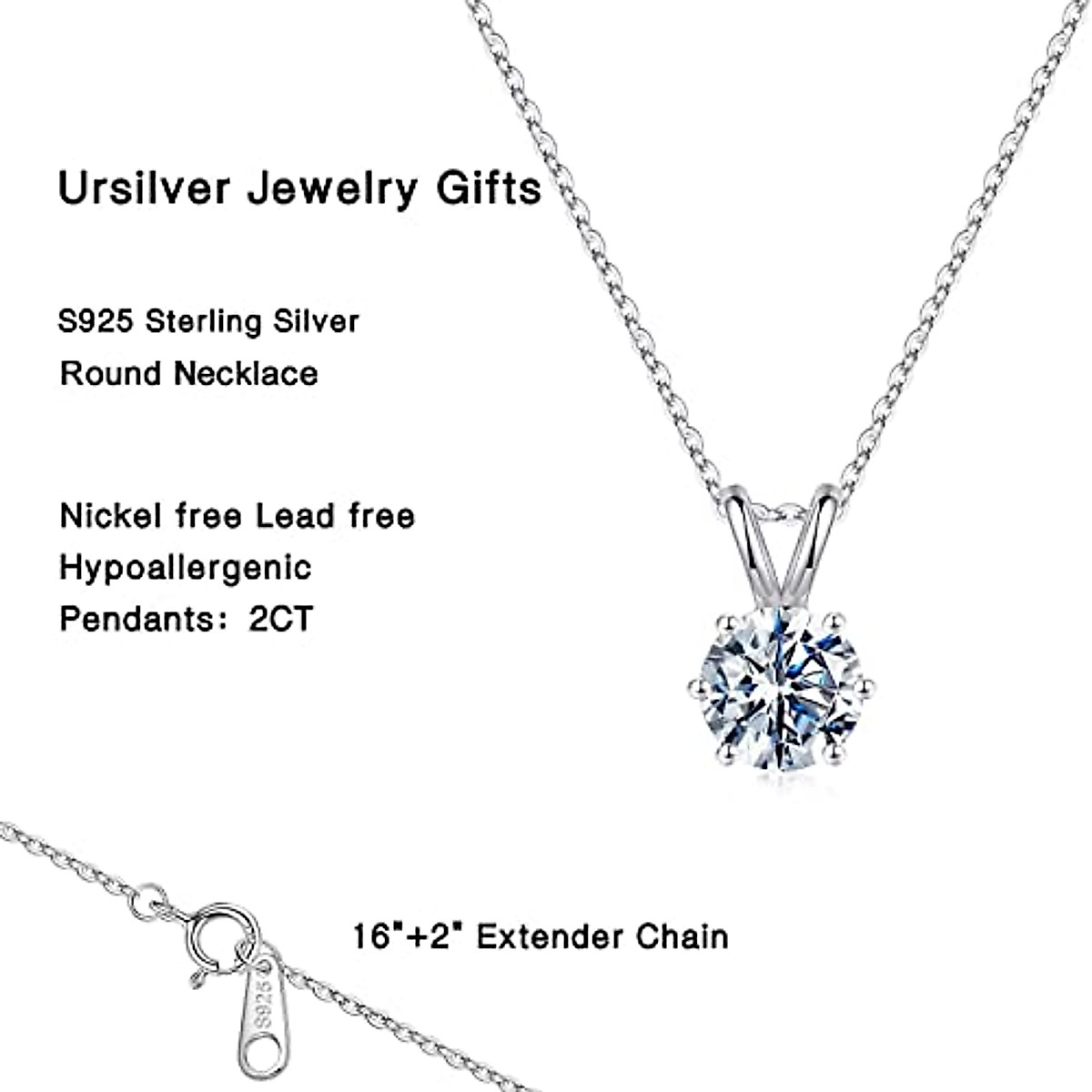 Ursilver Round Simulated Diamond Necklace for Women, S925 Sterling Silver Classic Round Cut Cubic Zirconia Necklace 6 Prong Pendant Necklace Dainty Necklace Minimalist Necklace for Women Wedding Gift