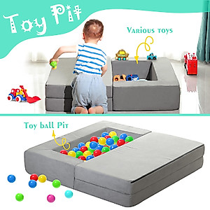 JHTOPJH Kids Couch,4-Piece Fold Out Toddler Play Couch,Floor Sofa Imaginative Furniture Play Set for Bedroom Playroom,Convertible Folding Kids Sofa for Creative Kids(Grey)