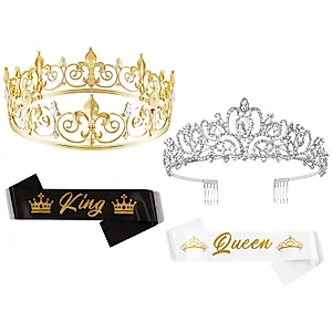 GreatMH 2Pack Prom King and Queen Crowns for Men Women Kings Crown Metal Crystal Tiara Crown for Women Men Bridegroom Bride Princess for Birthday Wedding Halloween (Gold&Silver)