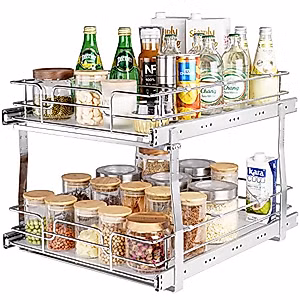 VEVOR 2 Tier 16"W x 21"D Pull Out Cabinet Organizer, Heavy Duty Slide Out Pantry Shelves, Chrome-Plated Steel Roll Out Drawers, Sliding Drawer Storage for Inside Kitchen Cabinet, Bathroom, Under Sink