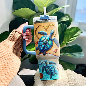 99WHALE Tumbler 40 Oz With Handle Lid And Straw, Summer Myrtle Navy Beach For Tumblers Royal Women Insulated Blue Handle, Sea Turtle Seashells Inspiration, Sea Turtle Gifts