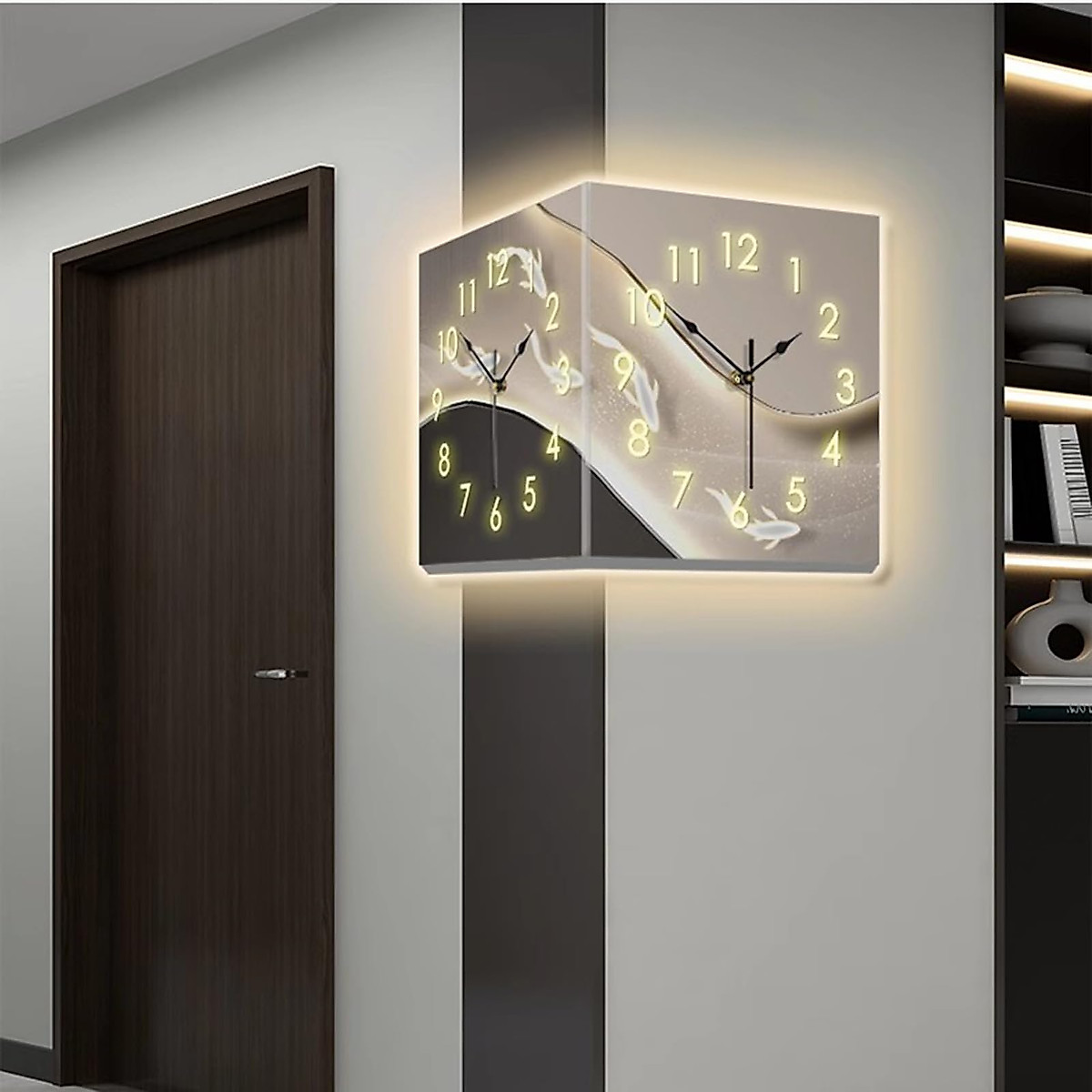 LTLWSH Modern Wall Clock, Nine Fish Figure Clock, Corner Painting Corner Clock, Double Sided Wall Clock, Sunny Corner Clock, Wall Clock Living Room Mural,C,with Light 40cm