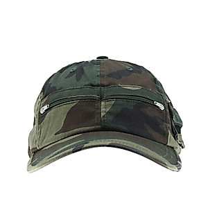 Zipper Pocket Washed Cotton Sandwich Adjustable Baseball Cap (Woodland Camo)