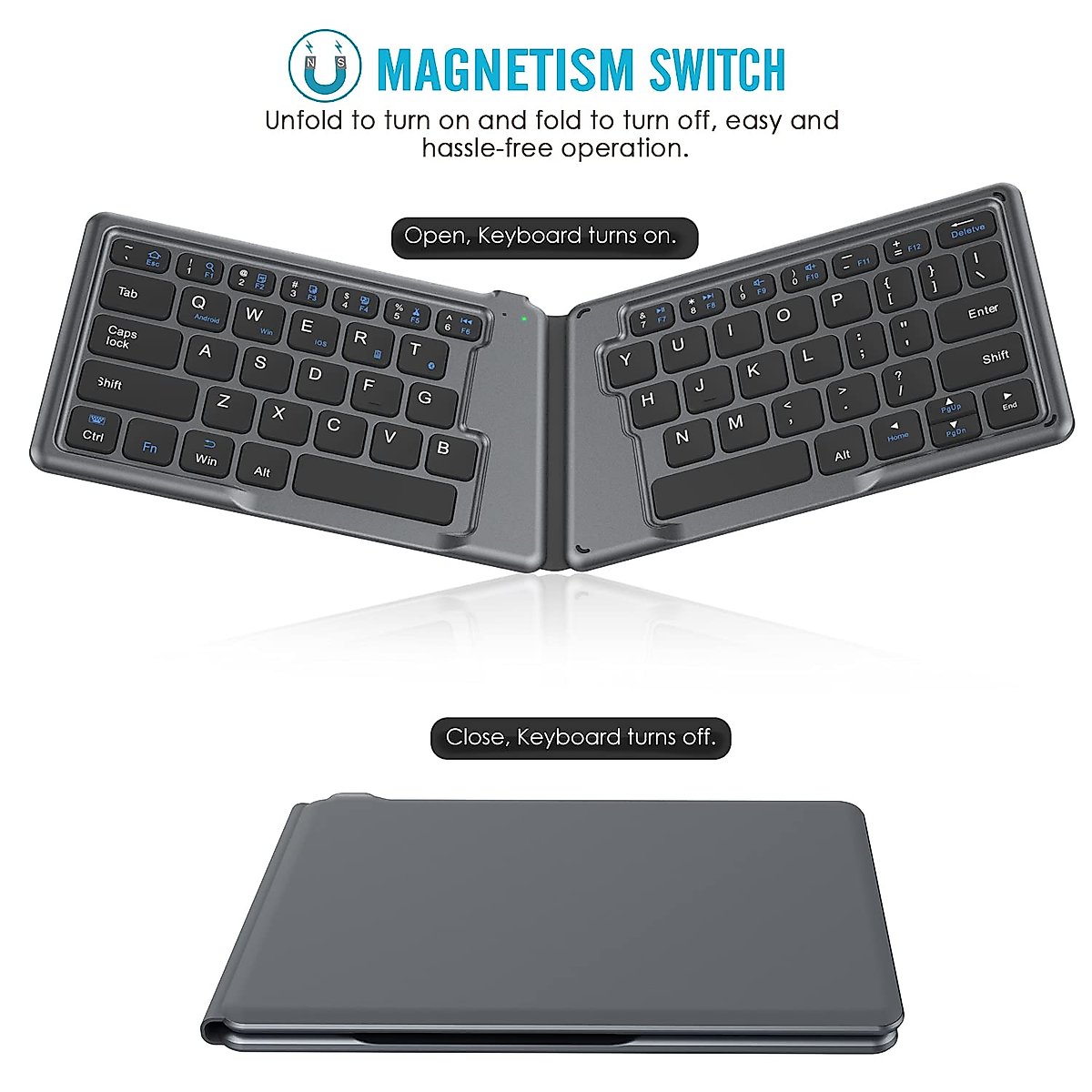 MoKo Foldable Bluetooth Keyboard, Portable Wireless Rechargeable Keyboard, Ultra Slim Ergonomic Folding Keyboard Compatible with iOS, Android and Windows Tablet/Smartphone/Laptop Devices, Silver Gray