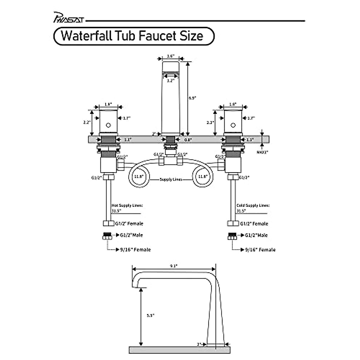 PHASAT Black Waterfall Bathtub Faucet,Bathroom Roman Tub Faucet,3 Holes 2 Handles Deck Mount Bath Tub Filler with High Flow Widespread Spout,Matte Black,PU5H01