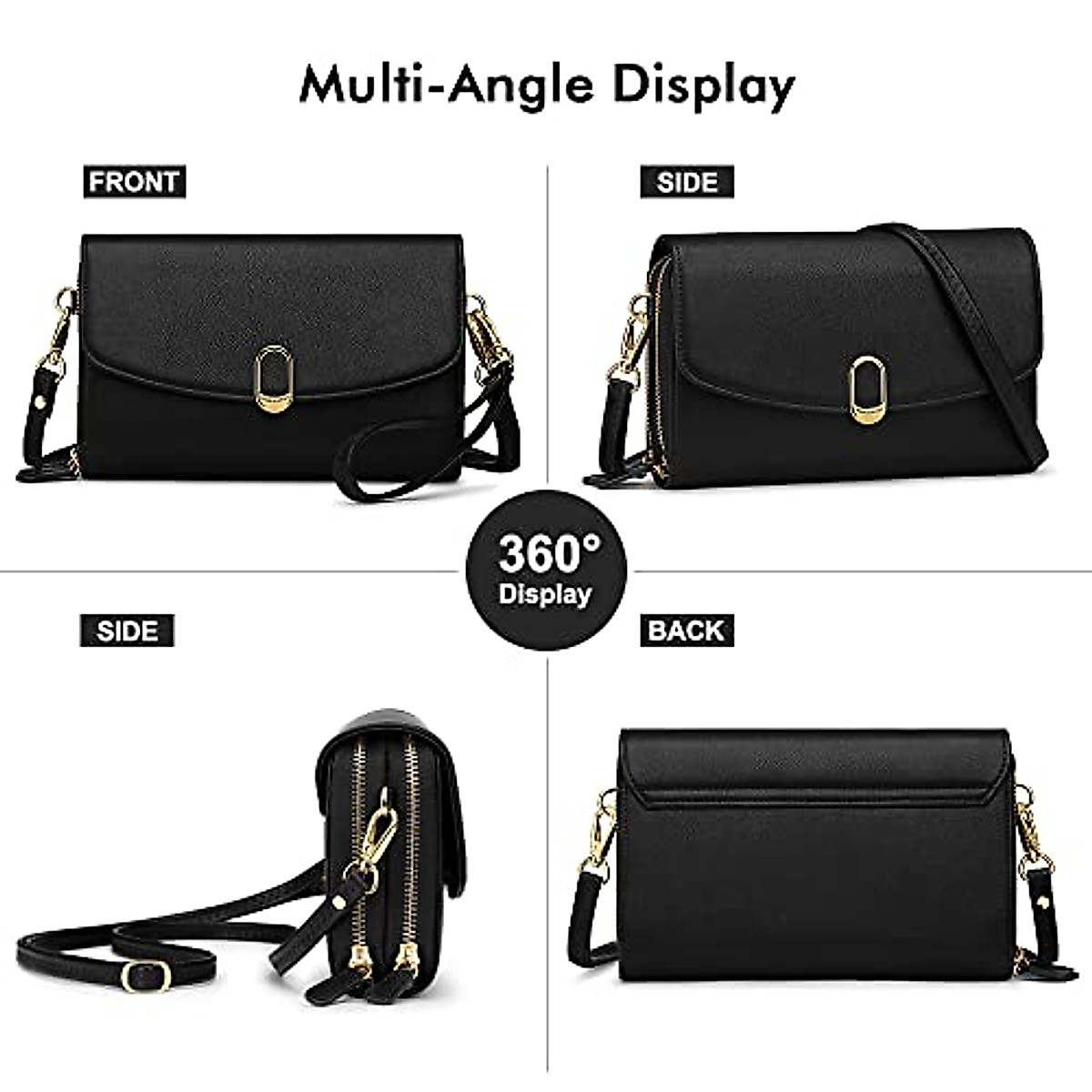 Peacocktion Small Crossbody Bags for Women, RFID Wallet Purse Cellphone Card Holder Wristlet 2 Straps, Black