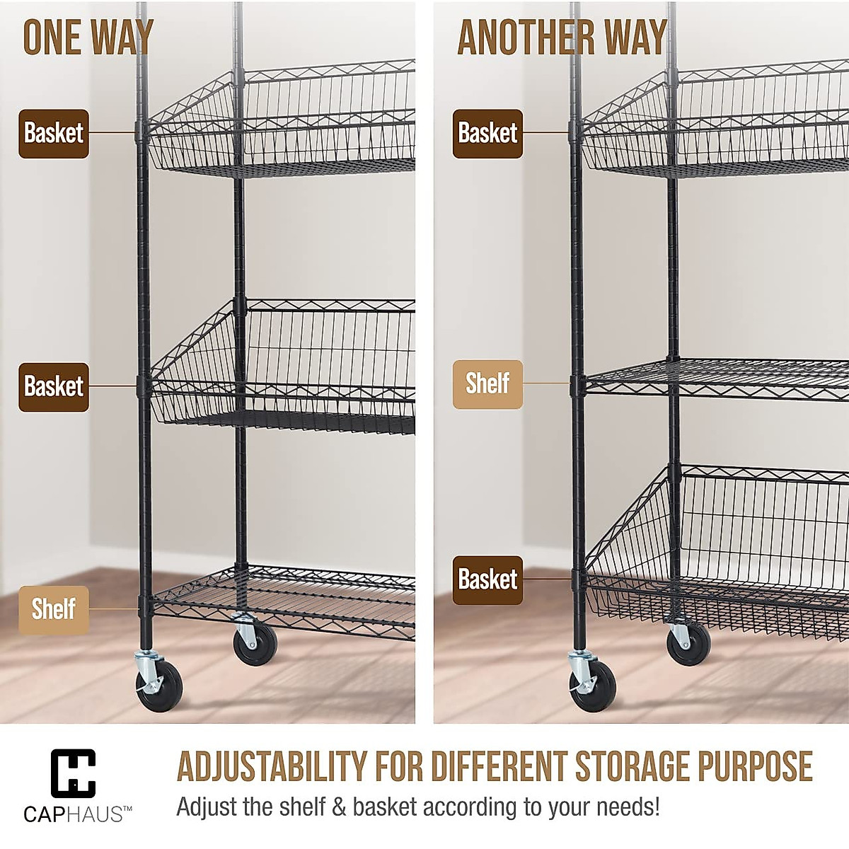 CAPHAUS NSF Commercial Heavy Duty 4 Tier Wire Shelving w/Two Trapezoid Baskets, Wheels, Leveling Feet, Storage Metal Shelf, Basement Garage Shelving Storage, Utility Wire Rack Storage Shelving Black