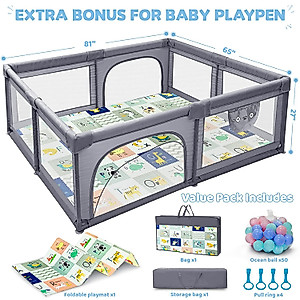 Extra Large Baby Playpen with Mat, playpen with 50 Pit Balls, Shock Absorbing Mat, Anti-Slip Suckers, 81'x65' Baby Play Yard with Gate, Play Pen for Babies and Toddlers Indoor Outdoor (Dark Gray)