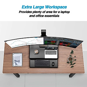 AVLT Dual 32" Monitor Electric Standing Desk Converter with Huge Keyboard Tray Extra Large 28"x 16" Spacious Tabletop Motorized Automatic Height Adjustable Sit to Stand Table Sturdy Small Footprint