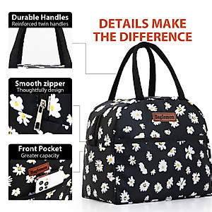 Baglemon Insulated Lunch Bag for Women Men, Lunch Containers Reusable High Capacity Lunch Tote Bags for for Work Picnic(Black Daisy)