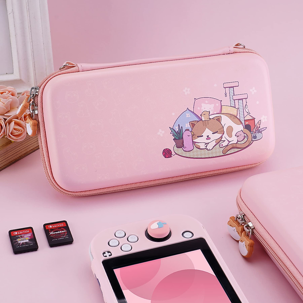 eXtremeRate PlayVital Pink Cute Carrying Case for Nintendo Switch Lite, Thumb Grip Caps + Kitten & Chicken Slim Travel Case for Switch Lite, Portable Hardshell Girl Storage Bag Game Accessories