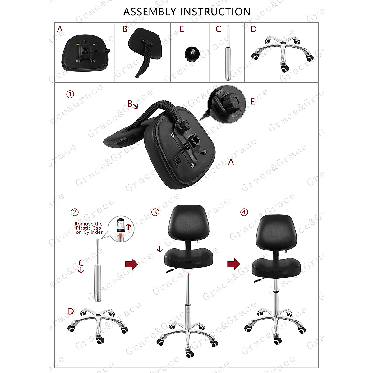 Grace&Grace Rolling Shop Stool Chair with Back Support for Drafting,Work,Studio,Workshop,Office,Rolling Vanity Chair with Wheels (Black, Without Foot Rest)