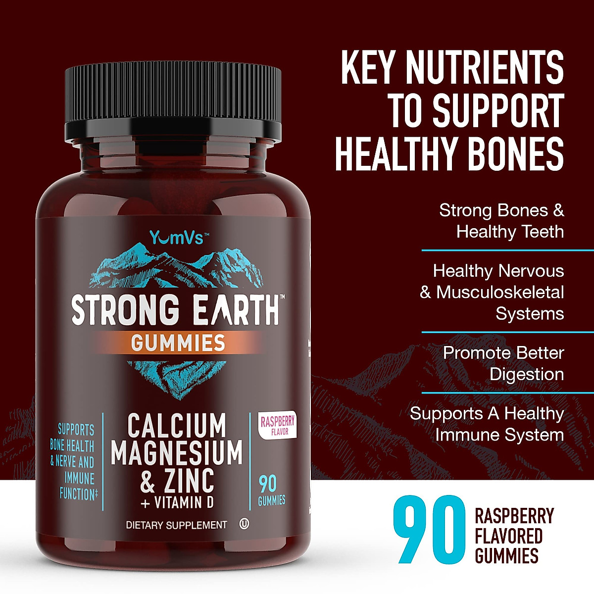 Calcium, Magnesium, Zinc & Vitamin D Gummies by YumVs | Cal Mag Chewable Gummy Supplement for Adults Women & Men | Vegetarian Kosher Halal Natural Raspberry Flavor Gummies 90 Count (Pack of 1)