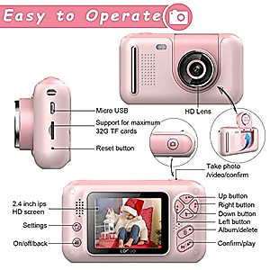 Christmas Children's Digital Camera 3-10 Years Old Christmas Birthday Gift 2.4 Inch 1080P Toddler Camera Portable Handheld Reversible Children's Digital 32GB Memory Camer, Gift for