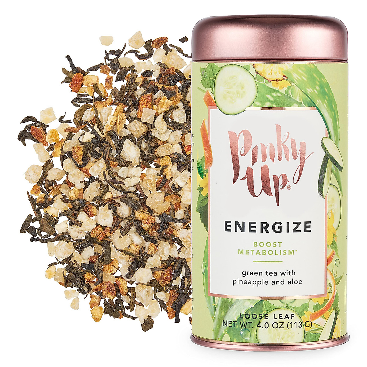 Pinky Up Energize Loose Leaf Wellness Tea, Green Tea Blend, Naturally Low Calorie & Gluten Free, Caffeinated 3.0 Ounce Tin, 25 Servings
