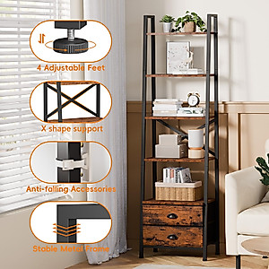 Furologee 5-Tier Ladder Shelf with 2 Drawers,Narrow Bookshelf Storage Shelves,Industrial Bookcase Freestanding Shelf Units for Bedroom,Living Room,Bathroom,Home Office,Balcony,Wood Metal,Rustic Brown
