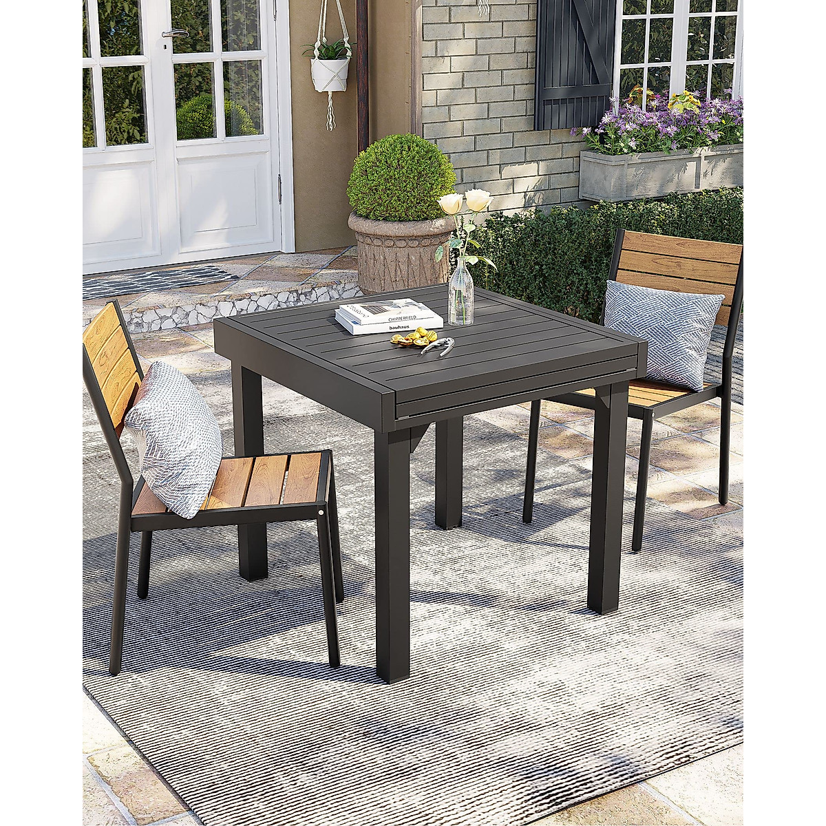 Pellebant Outdoor Stackable Dining Chair, Armless Patio Chair Set of 2, Aluminum Frame with Wood Plastic Composite Seat and Back, All Weather for Patio, Garden, Lawn, Deck, Porch and Yard, Teak Color