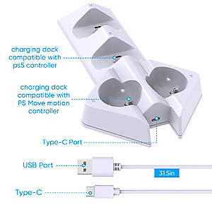 Charger Station for PS Move Motion and for PS5 Controller, 4 in 1 Charger Dock Stand USB Fast Charging Station with LED Indicator for PS Move Controller and for DualSense Controller