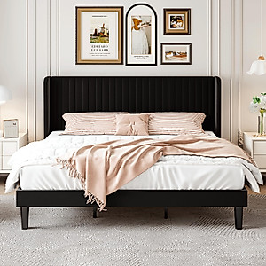 SHA CERLIN King Size Velvet Bed Frame with Vertical Channel Tufted Wingback Headboard, Upholstered Platform Bed with Wood Slats, No Box Spring Needed, Easy Assembly, Black