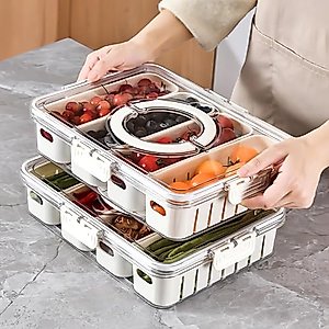 Snackle Box Divided Serving Tray with Lid and Handle - Portable Picnic Parties Veggie Snack Boxes for Adults - Fruit Storage Containers for Fridge Keep Fresh - Berry Candy Food (4 Grids-2PC)