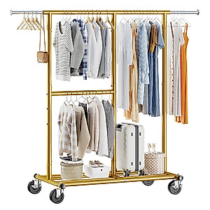 Raybee Clothes Rack Heavy Duty 405LBS Clothing Racks for Hanging Clothes 200+ Rolling Clothes Rack, Metal Clothing Rack with Wheels Rolling Commercial Garment Rack Portable Clothes Rack, Gold