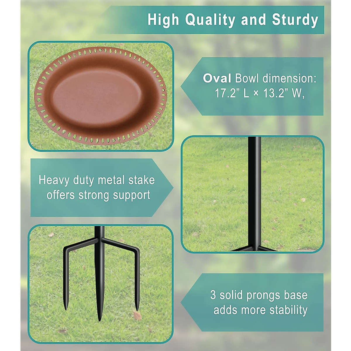 Garbuildman Extra-Large Freestanding Birdbaths Bowl, Detachable Decoration Spa with Metal Stake Stand & Birdfeeder for Outdoor Garden, Oval Style, Chocolate