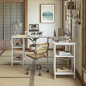 CubiCubi L Shaped Desk, 58.3 inch Computer Corner Desk with 2 Storage Shelves, Home Office Desk with Monitor Stand, White