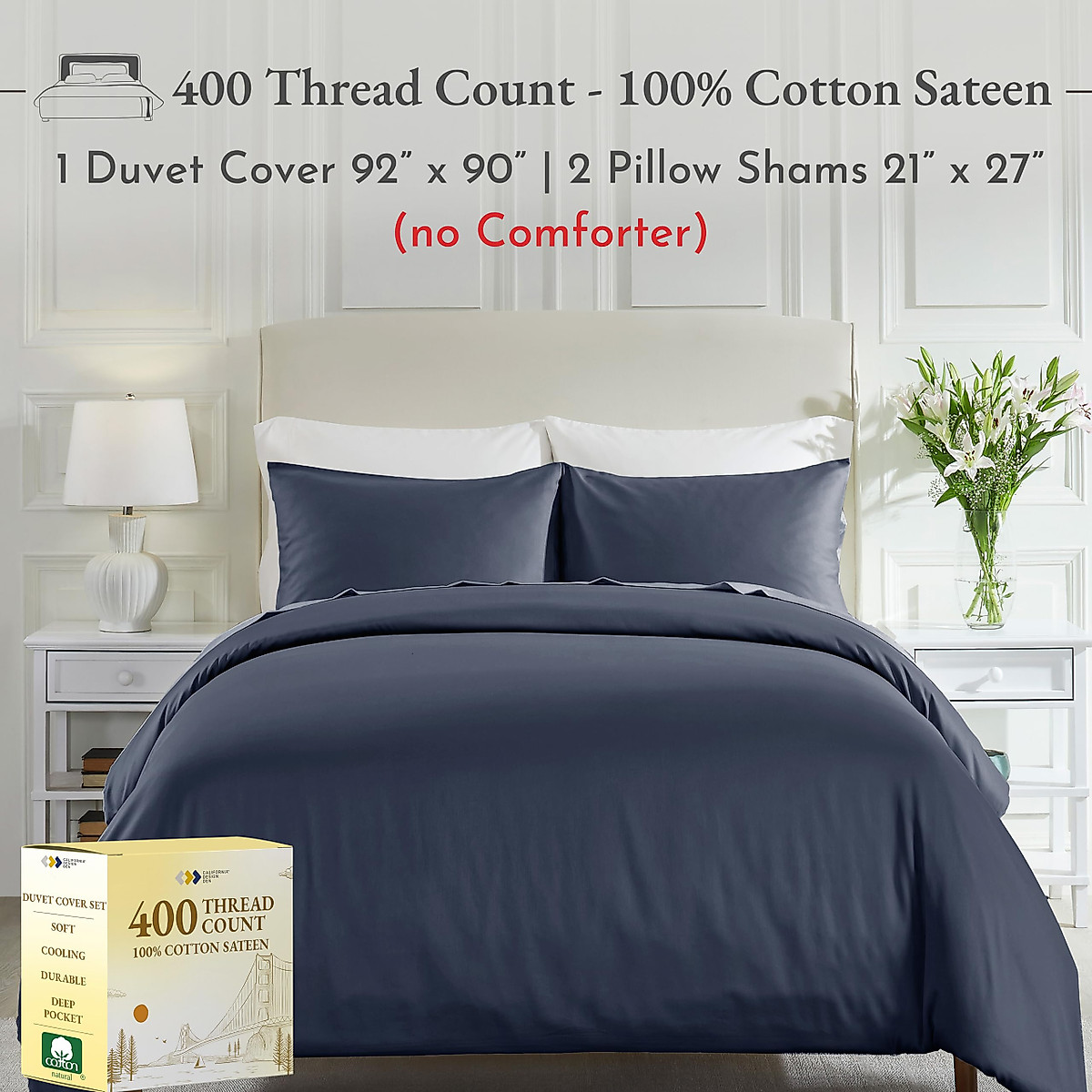California Design Den Full/Queen Cotton Duvet Cover Set, 400 Thread Count 100% Cotton Quilt Cover & Pillow Shams, Sateen Weave Bedding Set with Button Closure (Indigo Dusty Blue)