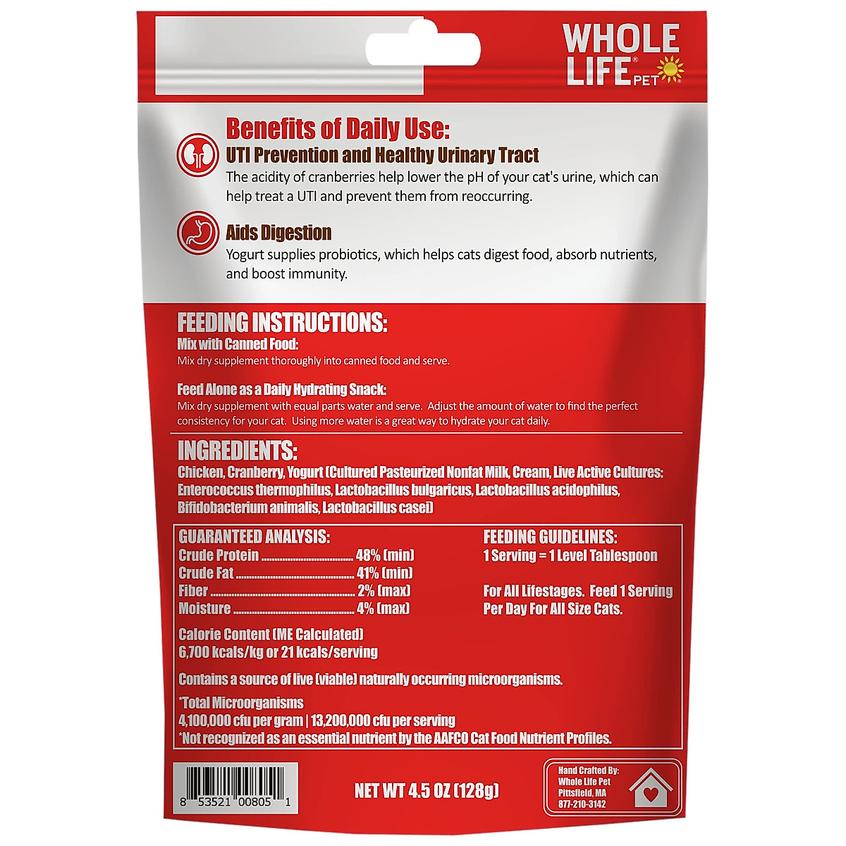 Whole Life Pet Cat Urinary Supplement, Feline UTI Remedy & Prevention, Urinary Tract Infection Treatment - Natural Cranberry for Cats, Cat Probiotic for Health & Digestive Support - 30-Day Supply
