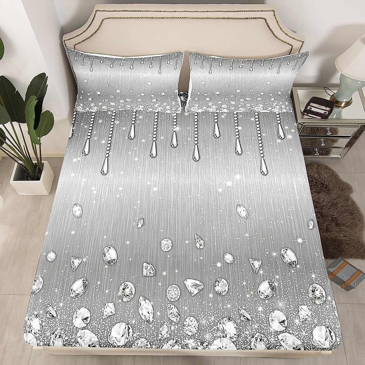 Geometric Ombre Stripes Fitted Sheet Full Size,Silver Glitter Sequin Diamond Bedding Set,Kids Girls Boys Adults Room Decor,Princess Dreamy Bed Cover,Gray Romantic Bed Sheet,2 Pillowcases